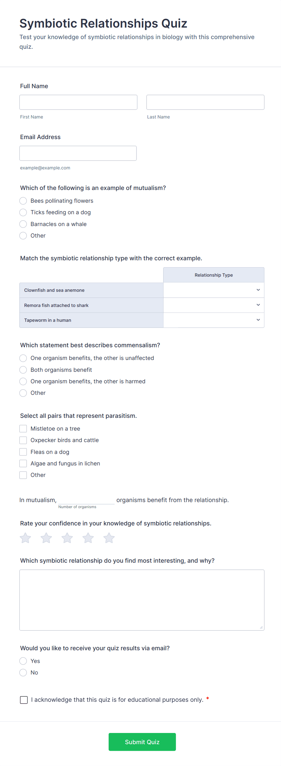 Symbiotic Relationships Quiz Form Template | Jotform