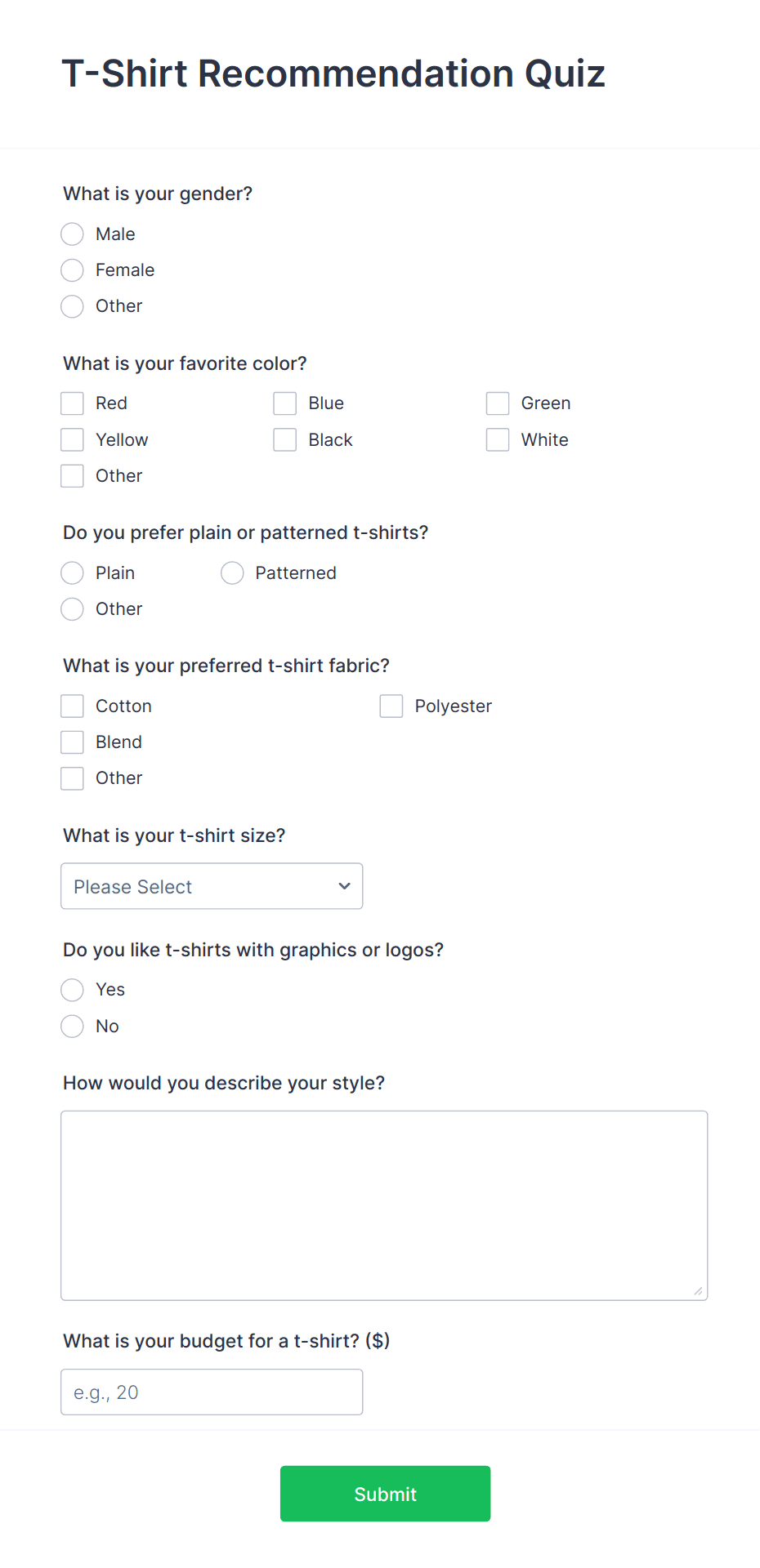 T-Shirt Recommendation Quiz Form Template | Jotform