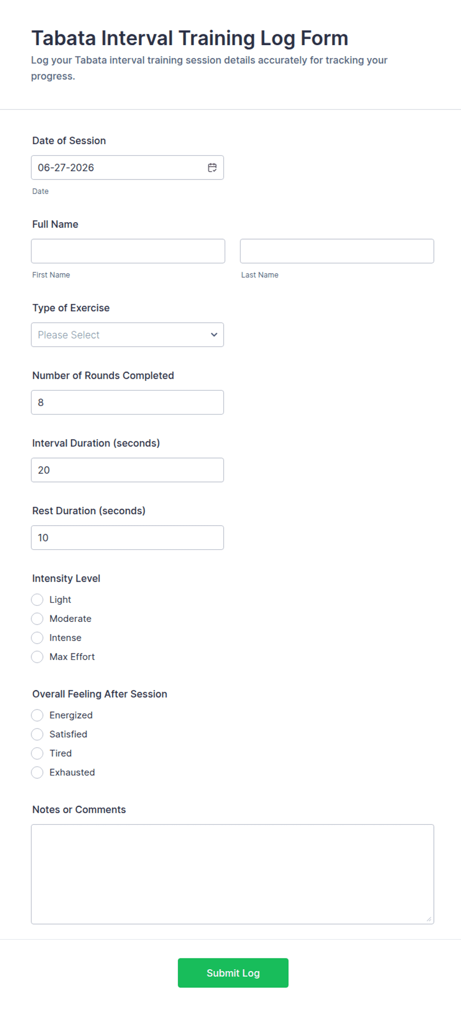 Tabata Interval Training Log Form Template | Jotform