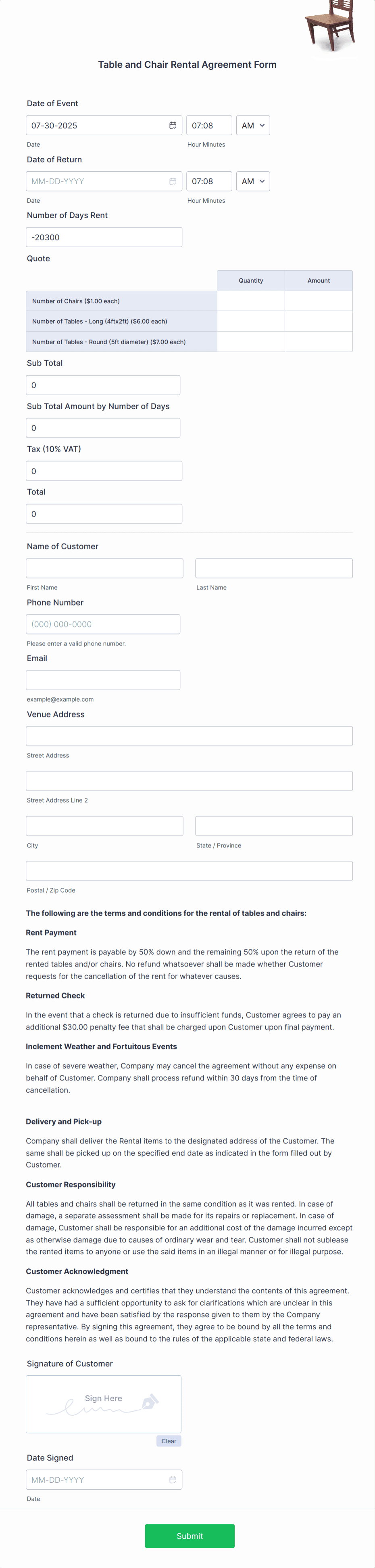 Table and Chair Rental Agreement Form Template | Jotform