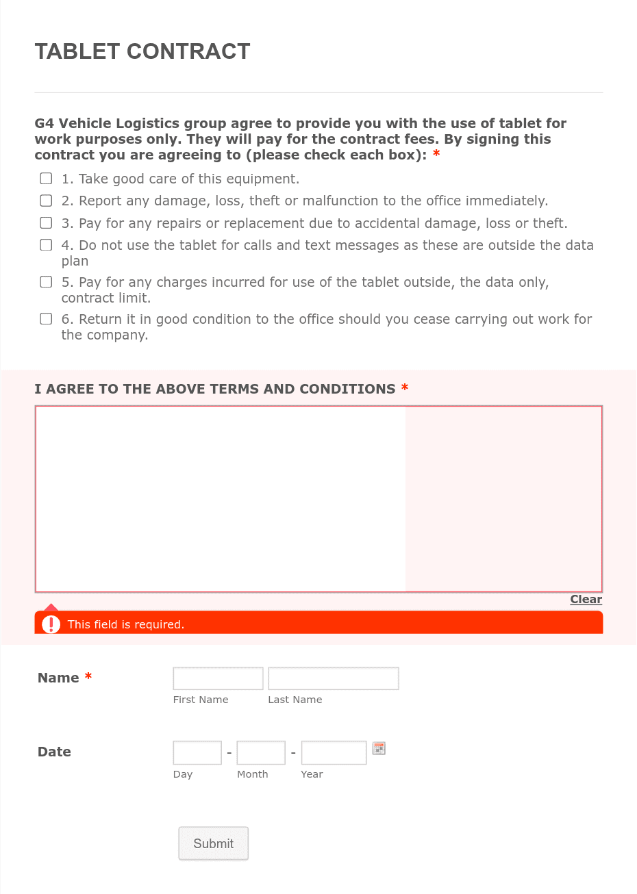 Tablet Agreement Contract Form Template | Jotform