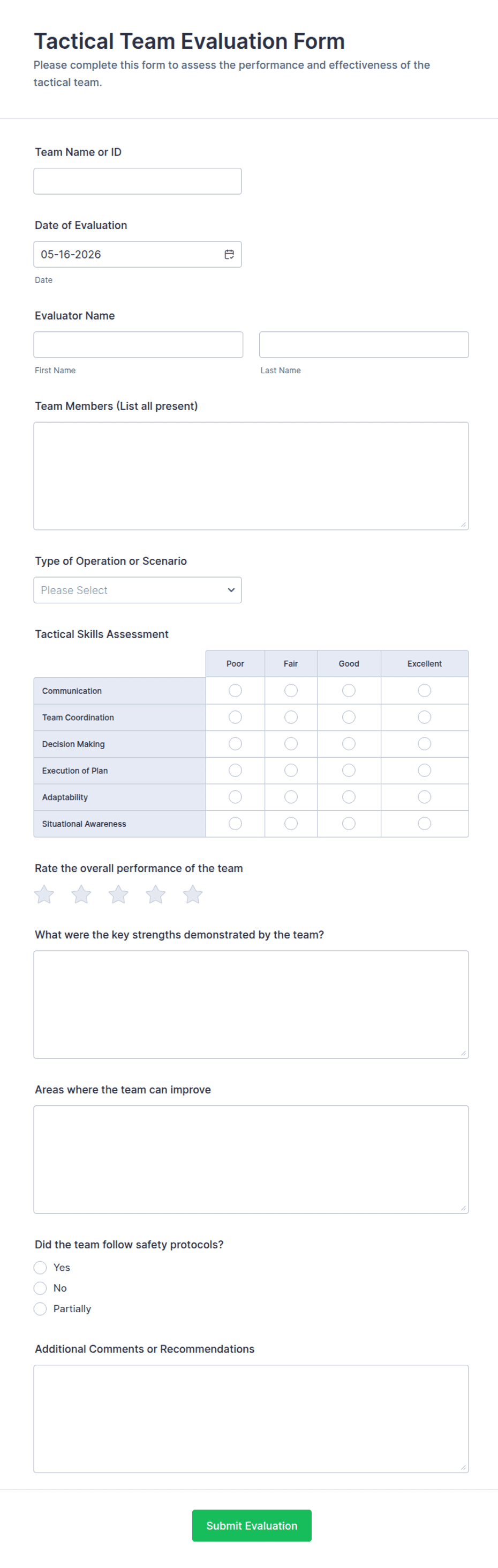 Tactical Team Evaluation Form Template | Jotform