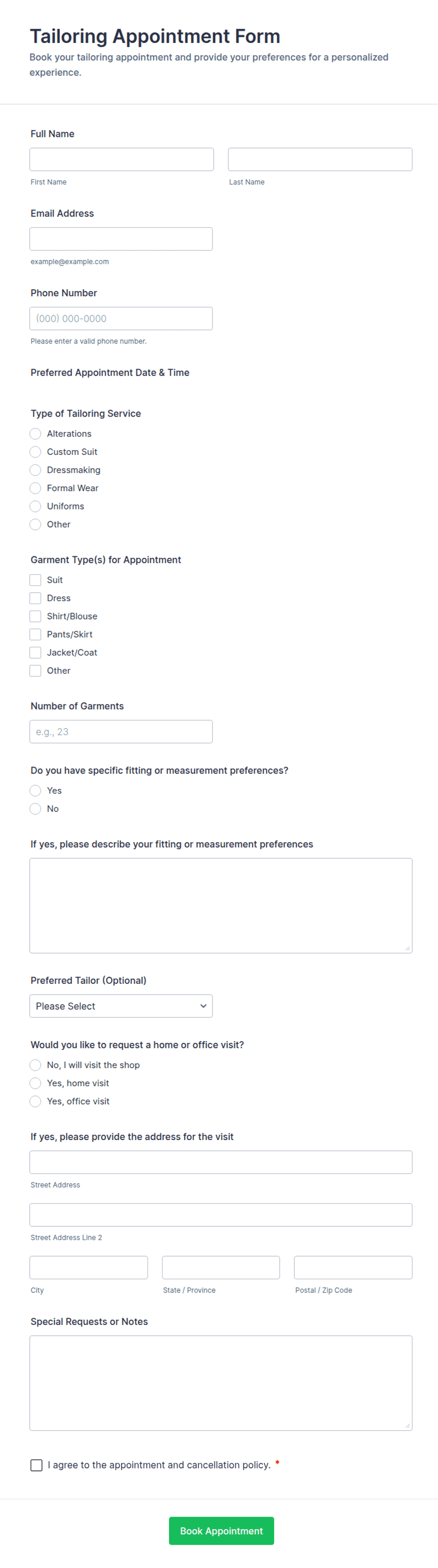Tailoring Appointment Form Template | Jotform