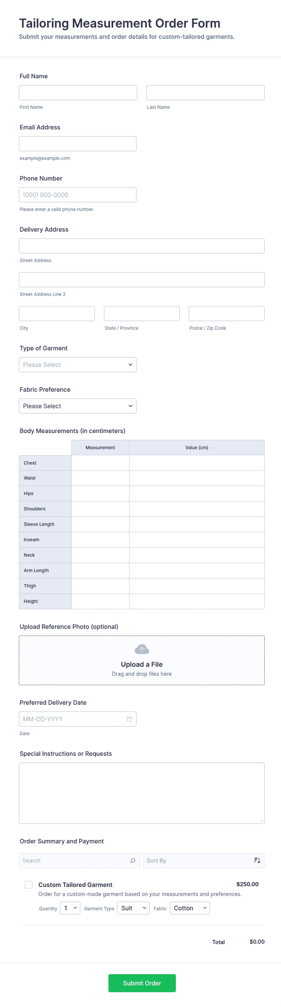 Tailoring Measurement Order Form Template | Jotform