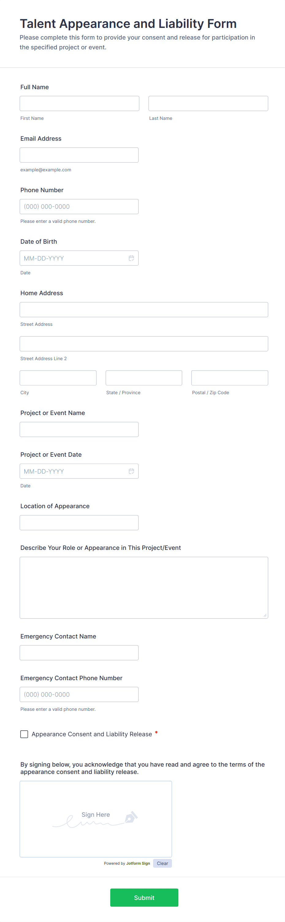 Talent Appearance and Liability Form Template | Jotform