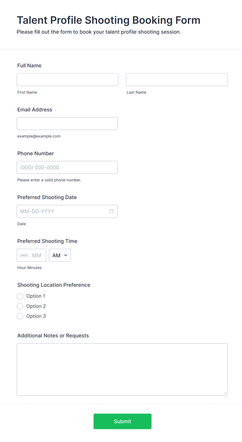 Talent Profile Shooting Booking Form Template | Jotform