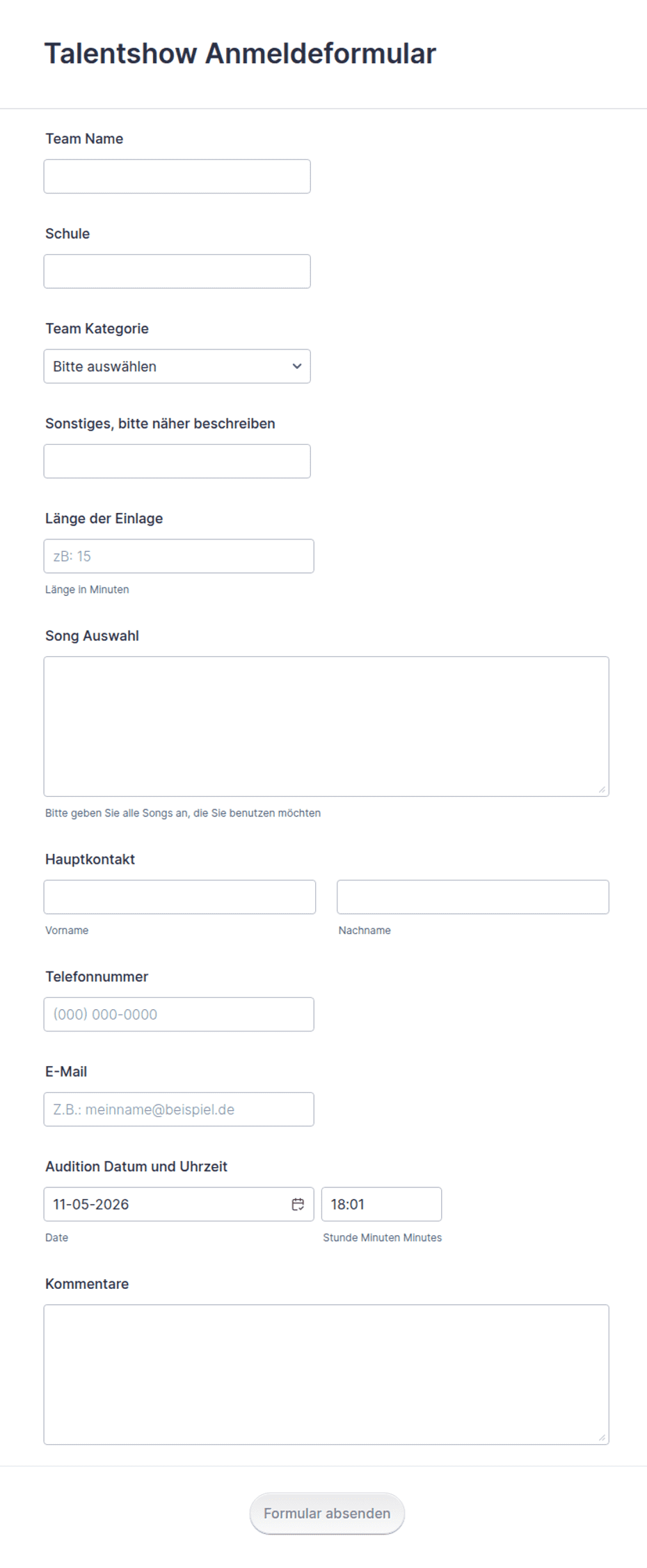 Talentshow Anmeldeformular Formularvorlage | Jotform
