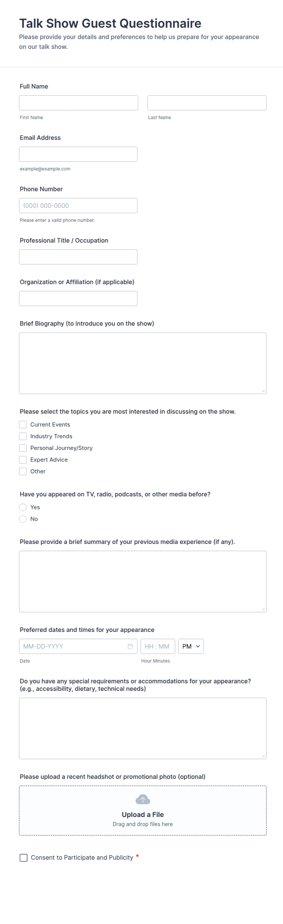 Talk Show Guest Questionnaire Form Template | Jotform