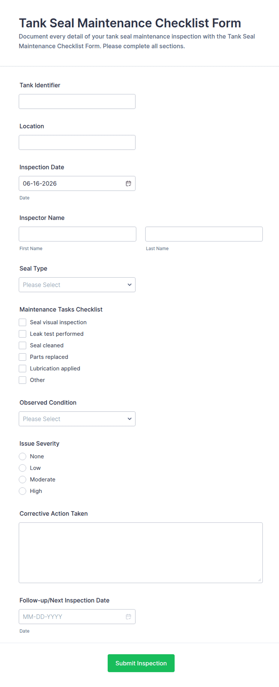Tank Seal Maintenance Checklist Form Template | Jotform