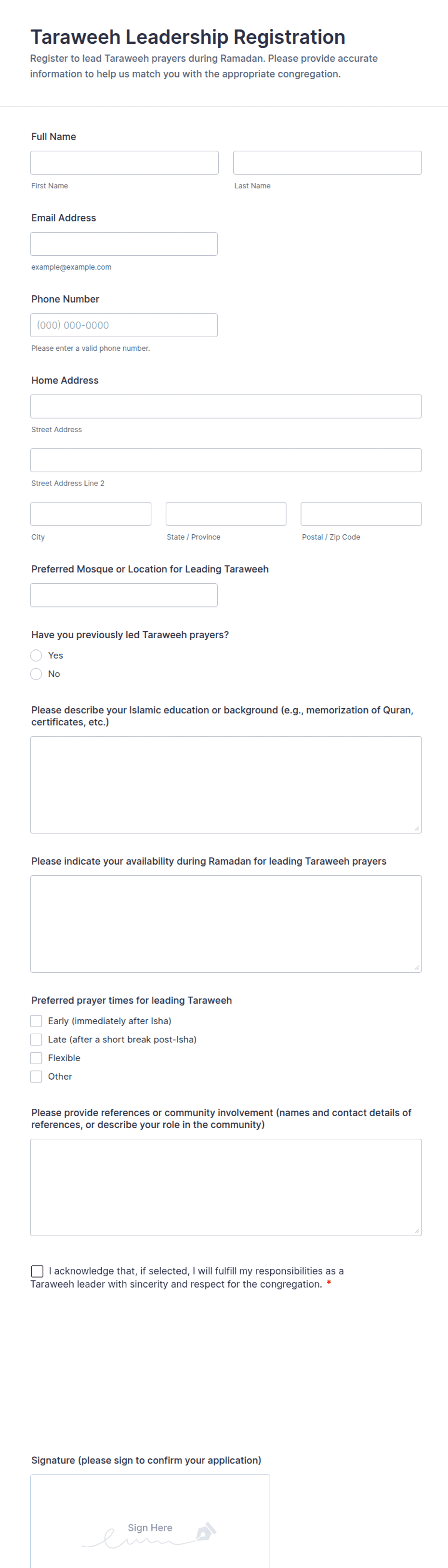 Taraweeh Leadership Registration Form Template | Jotform