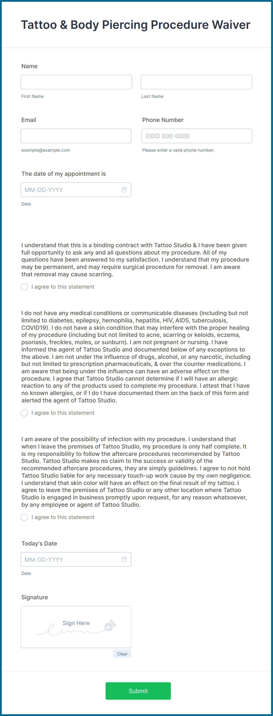 Tattoo and Body Piercing Procedure Waiver Form Template | Jotform