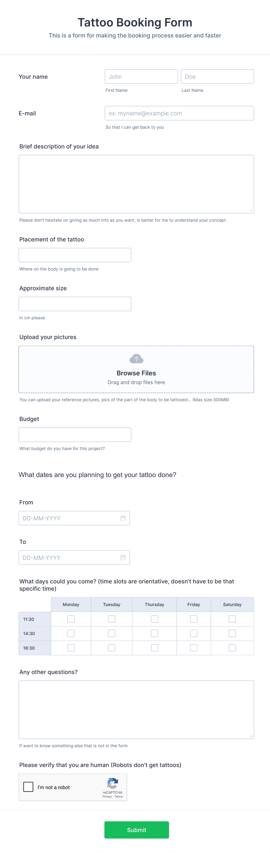 Tattoo Booking Form Template | Jotform
