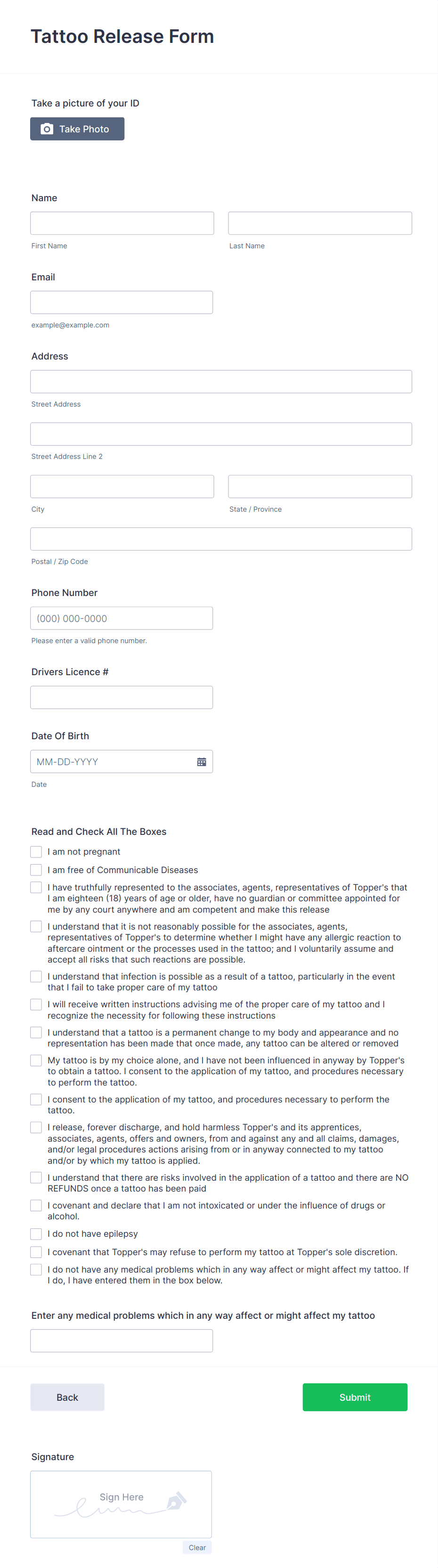 Tattoo Release Form Template | Jotform