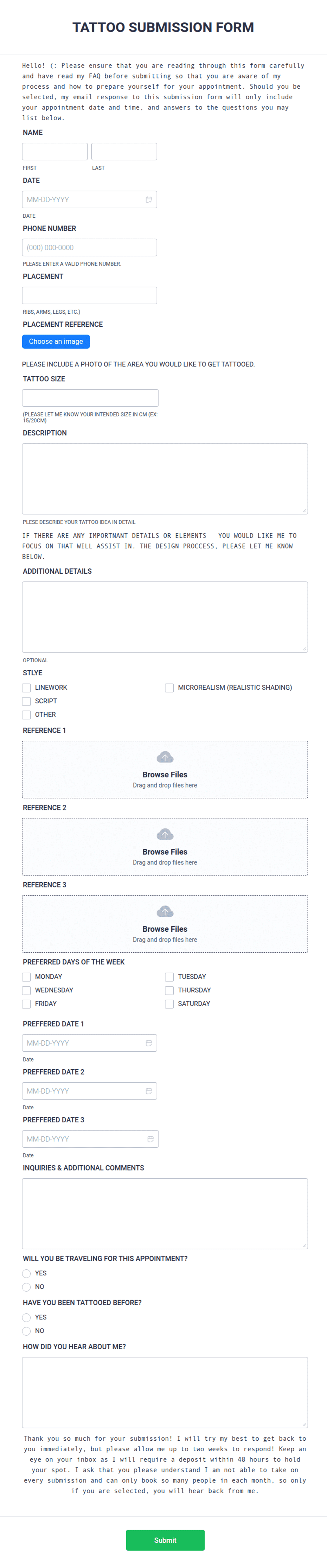 Tattoo Submission Form Template | Jotform