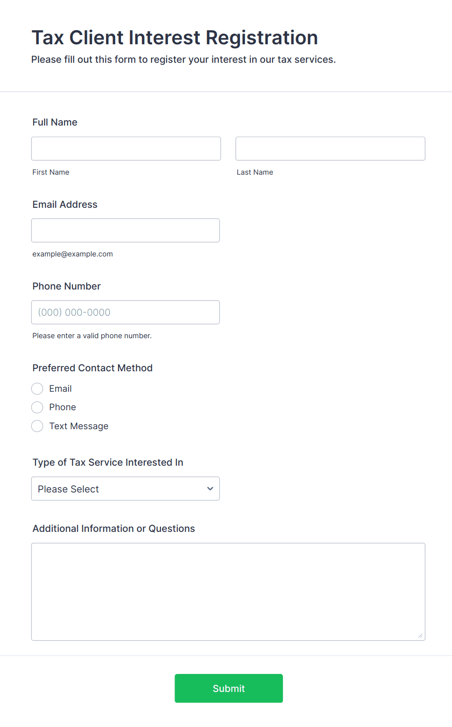 Tax Client Interest Registration Form Template | Jotform