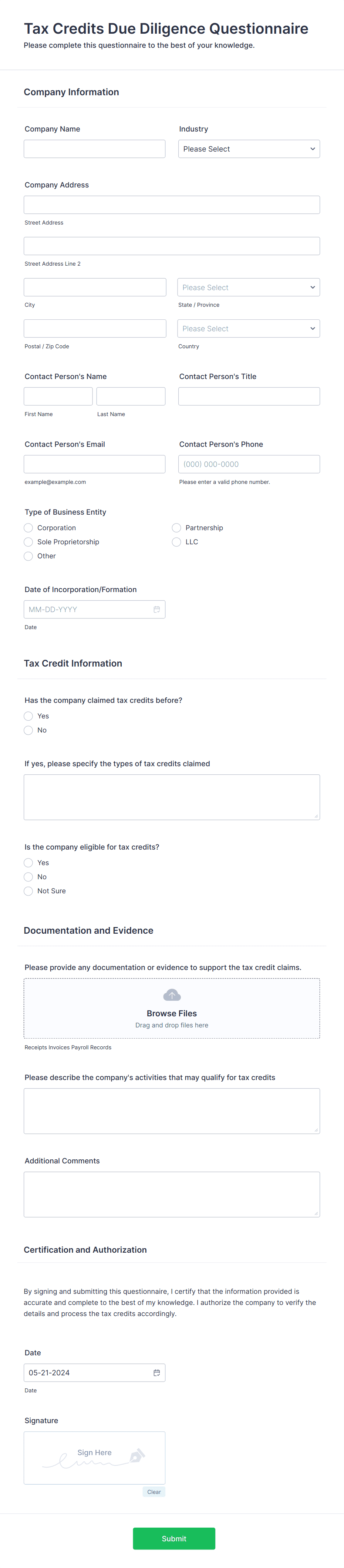 Tax Credits Due Diligence Questionnaire Form Template | Jotform