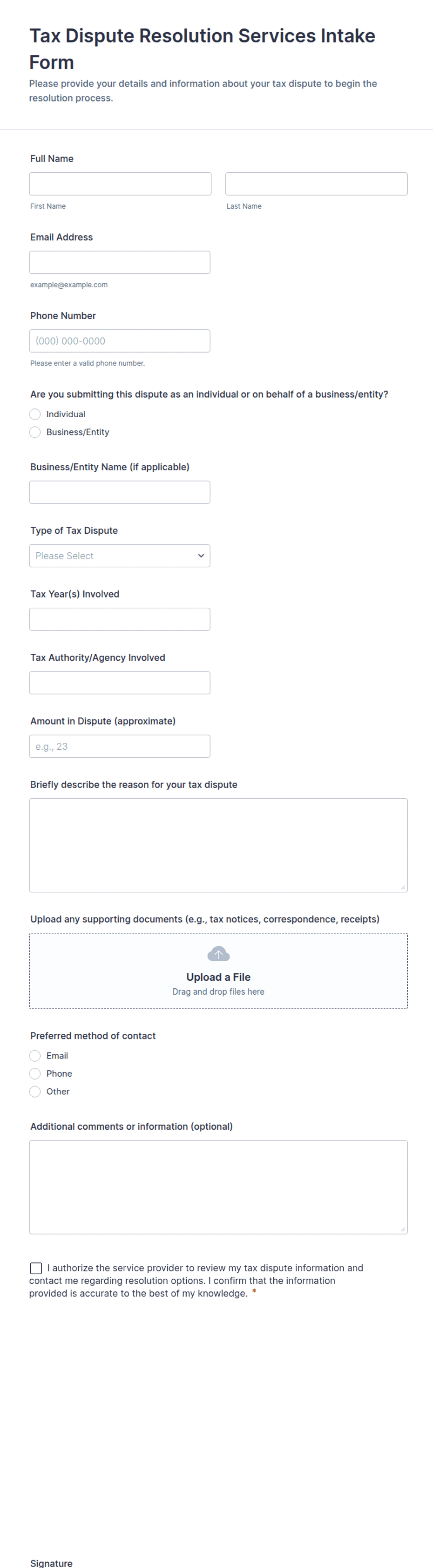 Tax Dispute Resolution Services Intake Form Template | Jotform