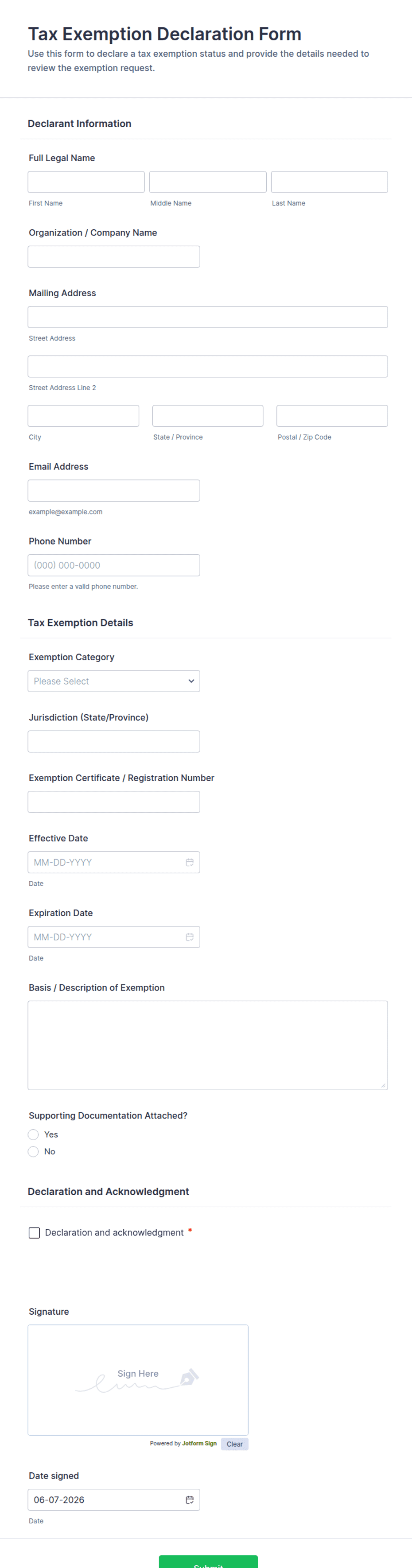 Tax Exemption Declaration Form Template | Jotform