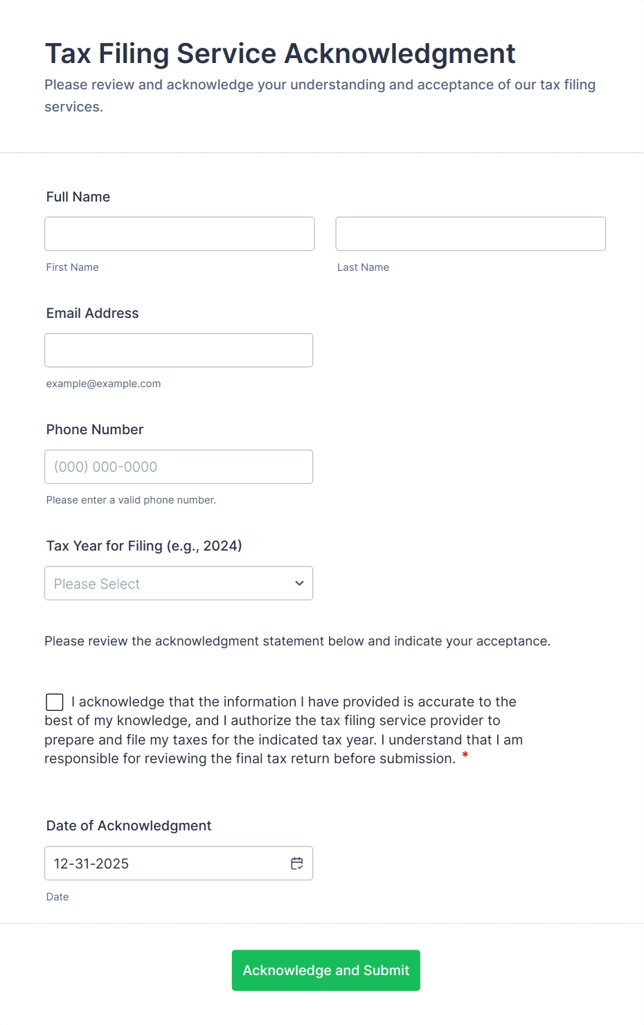 Tax Filing Service Acknowledgment Form Template | Jotform