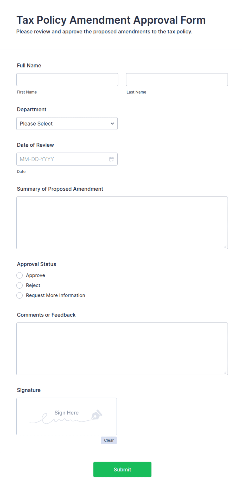 Tax Policy Amendment Approval Form Template | Jotform