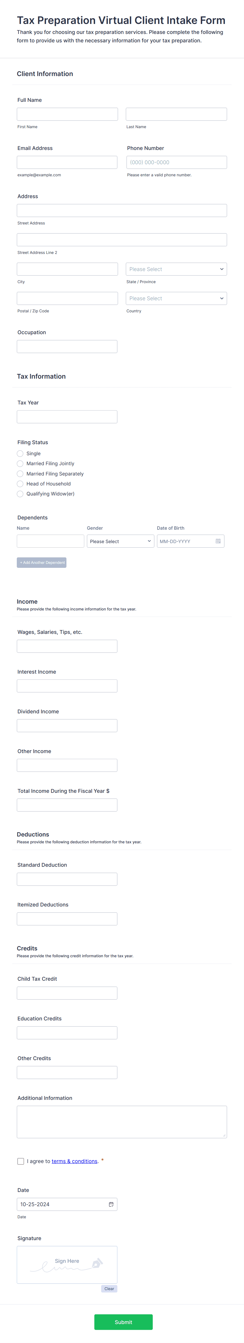 Tax Preparation Virtual Client Intake Form Template | Jotform