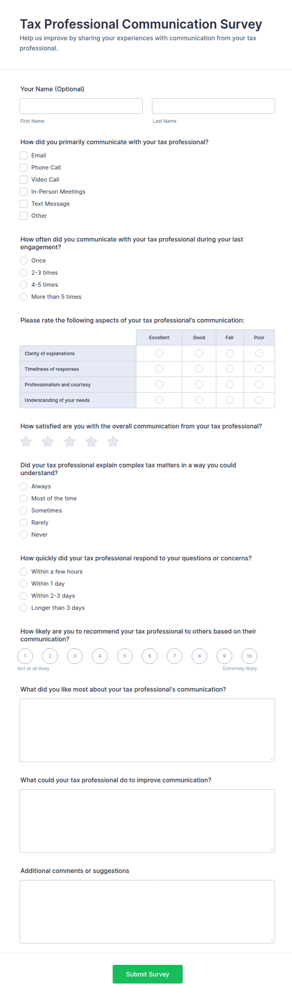 Tax Professional Communication Survey Form Template | Jotform