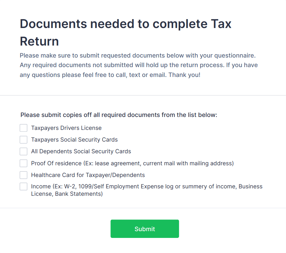 Tax Return Checklist Form Template | Jotform