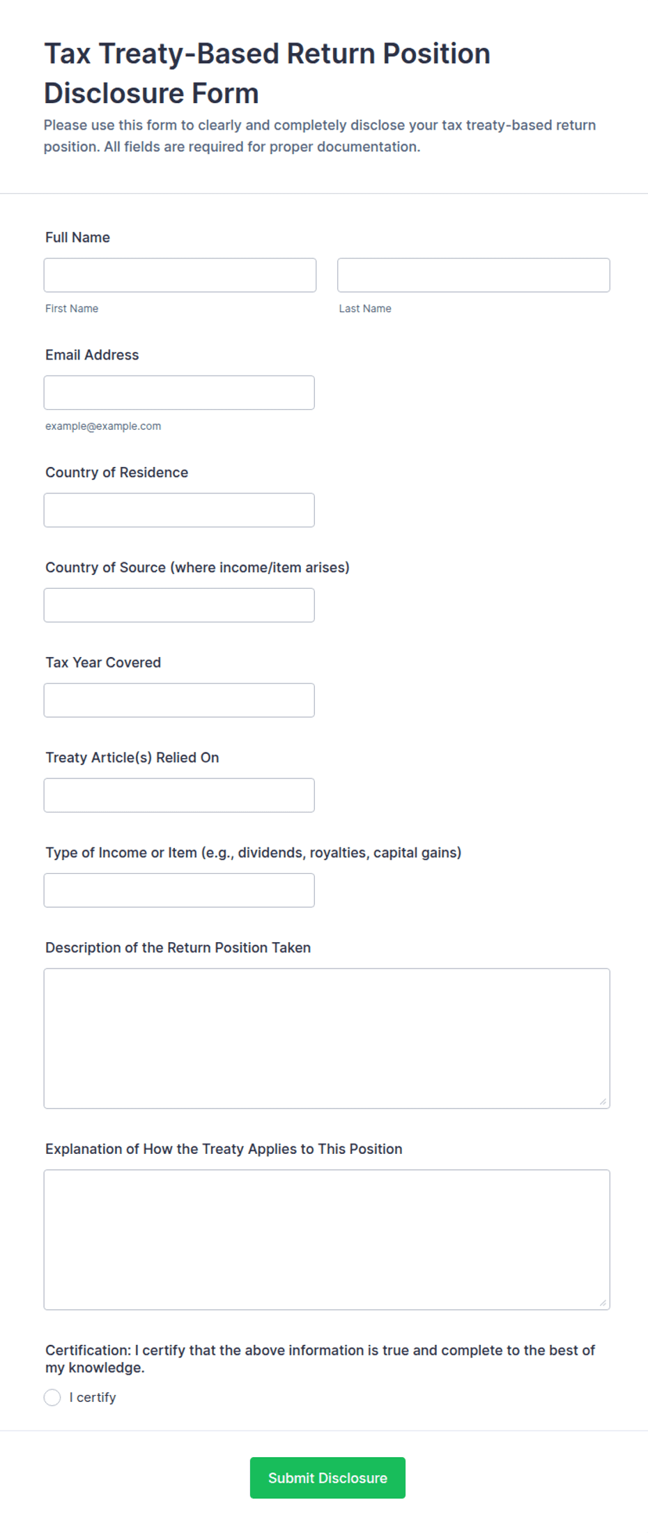 Tax Treaty-Based Return Position Disclosure Form Template | Jotform
