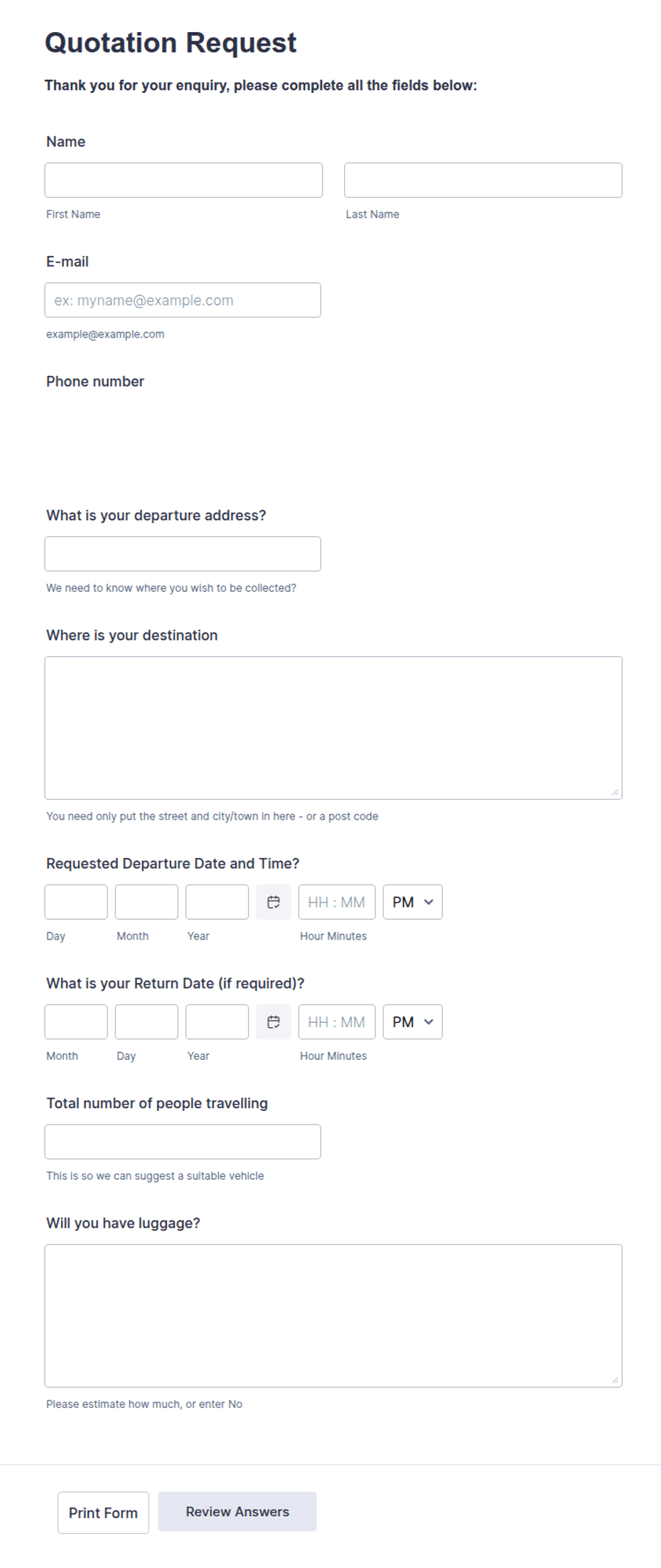 Private Taxi Quote Form Template | Jotform