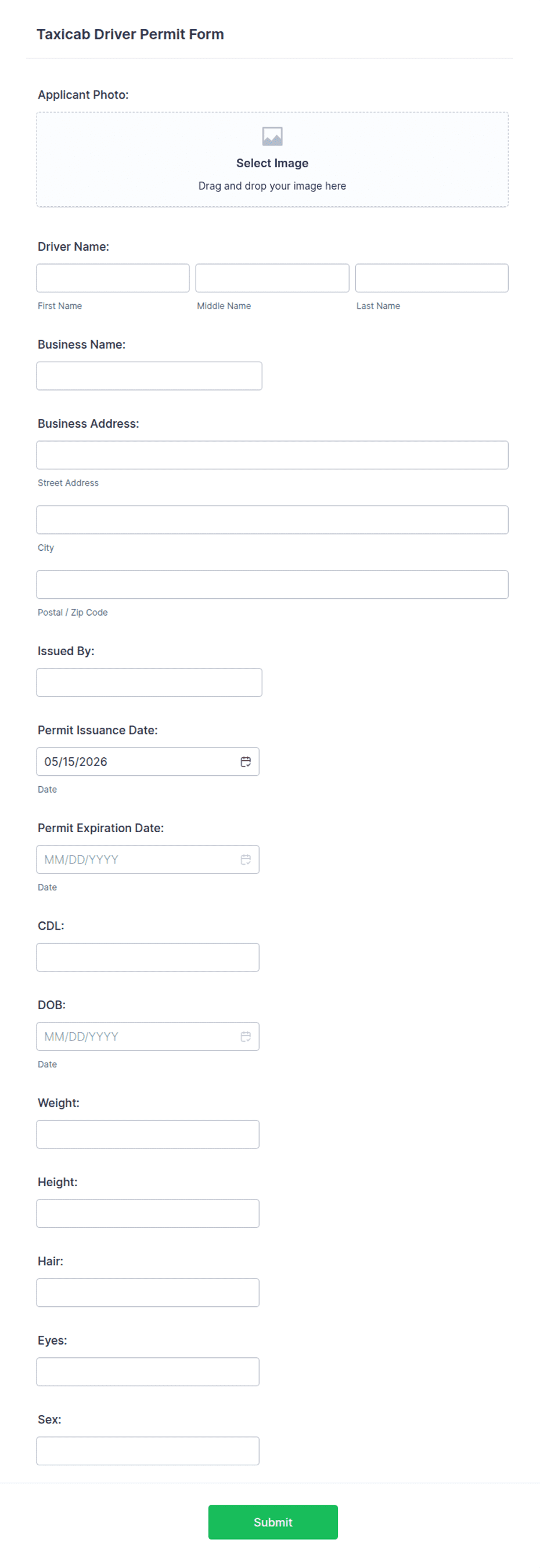 Taxicab Driver Permit Form Template | Jotform