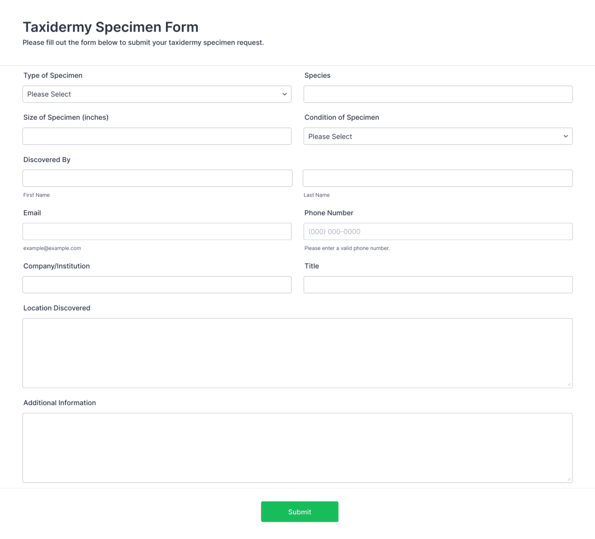 Taxidermy Specimen Form Template | Jotform