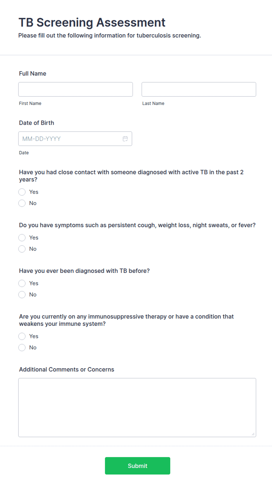 TB Screening Assessment Form Template | Jotform