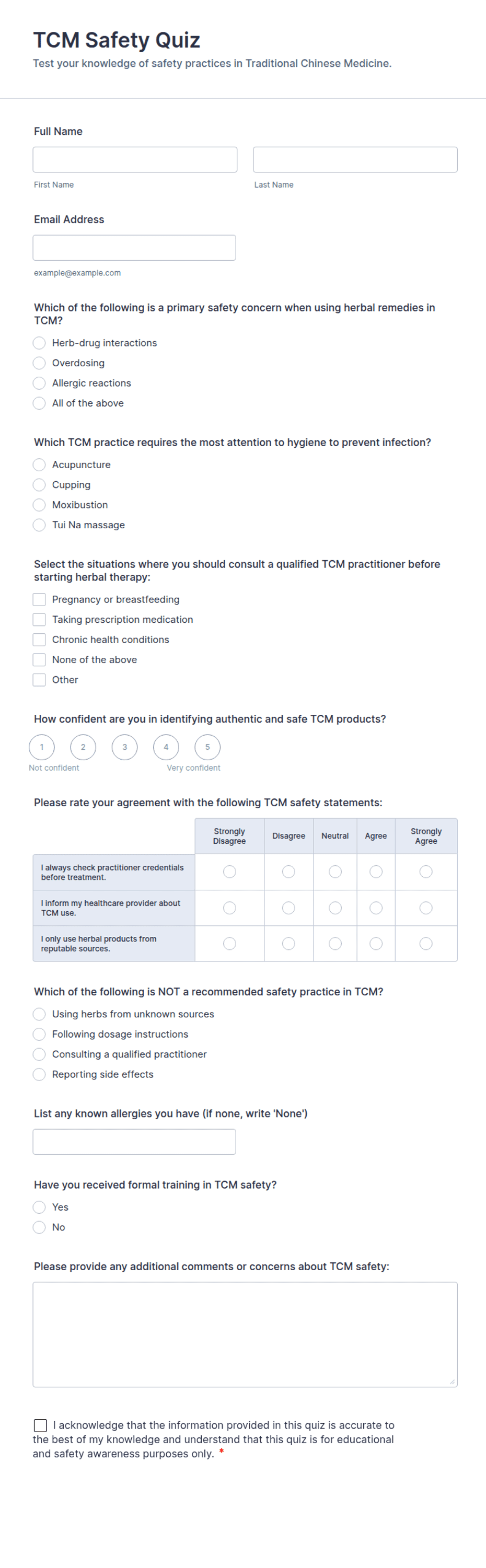 TCM Safety Quiz Form Template | Jotform