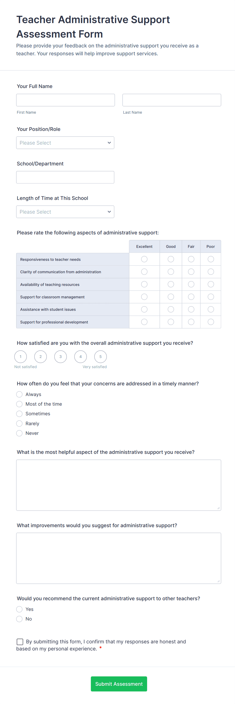 Teacher Administrative Support Assessment Form Template | Jotform