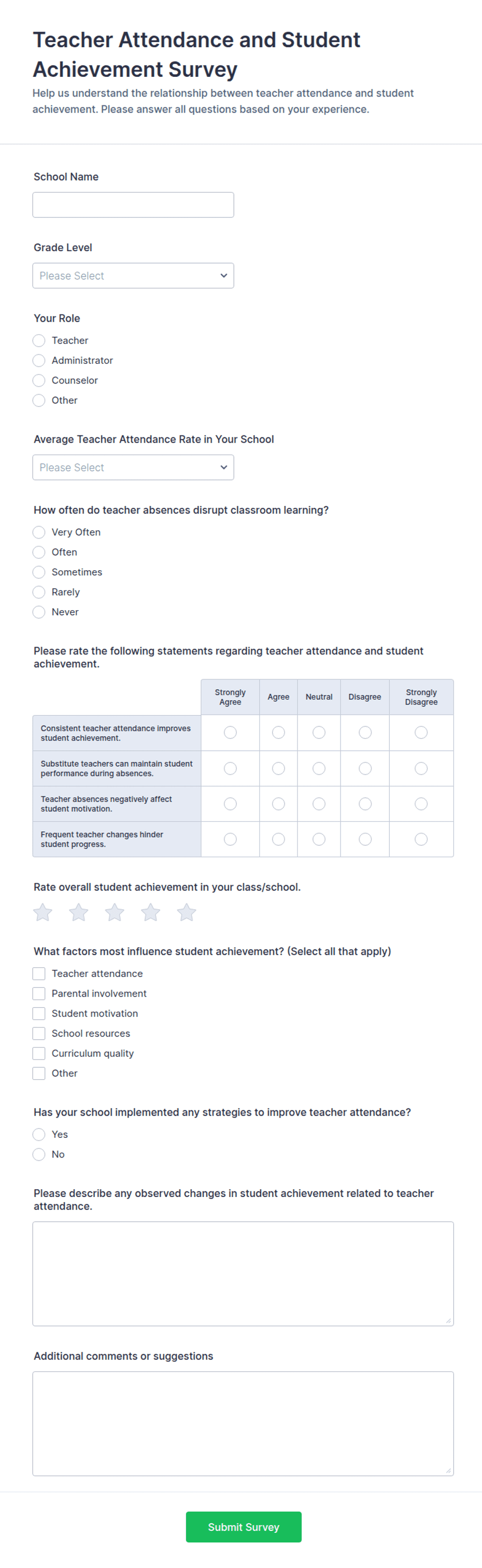 Teacher Attendance and Student Achievement Survey Form Template | Jotform