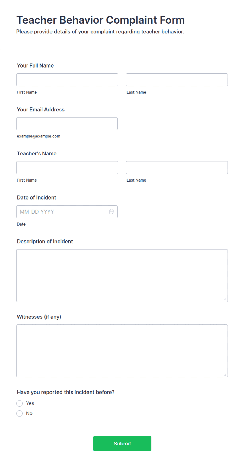Teacher Behavior Complaint Form Template | Jotform