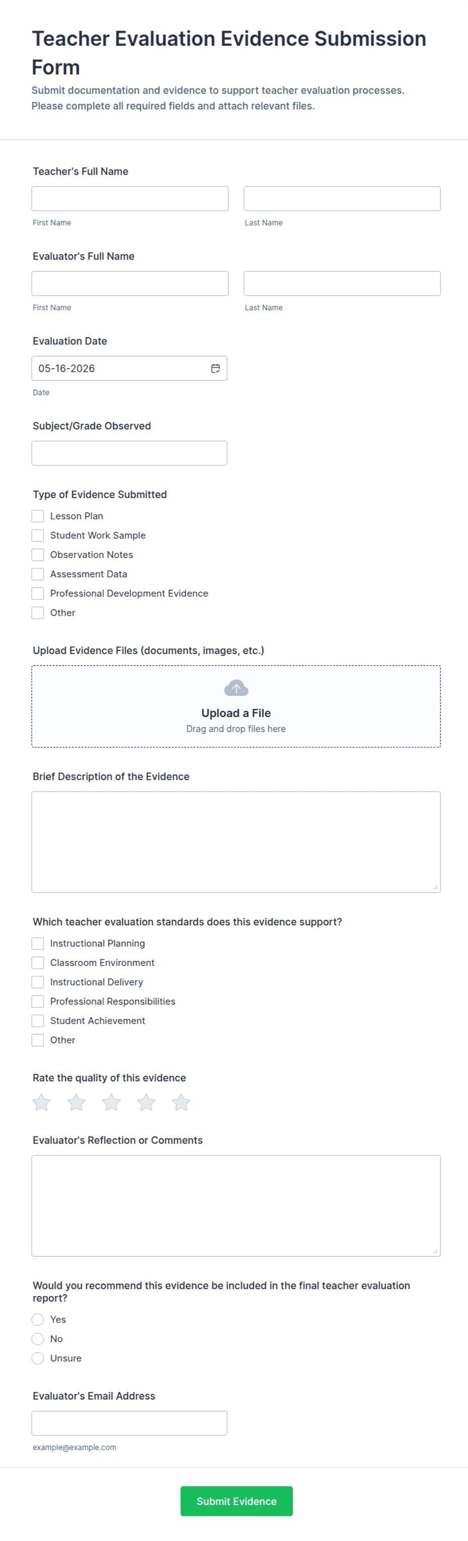 Teacher Evaluation Evidence Submission Form Template | Jotform