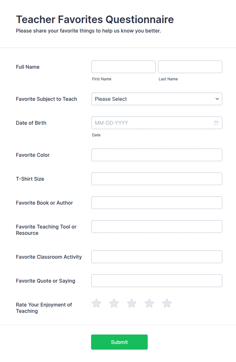 Teacher Favorites Questionnaire Form Template | Jotform