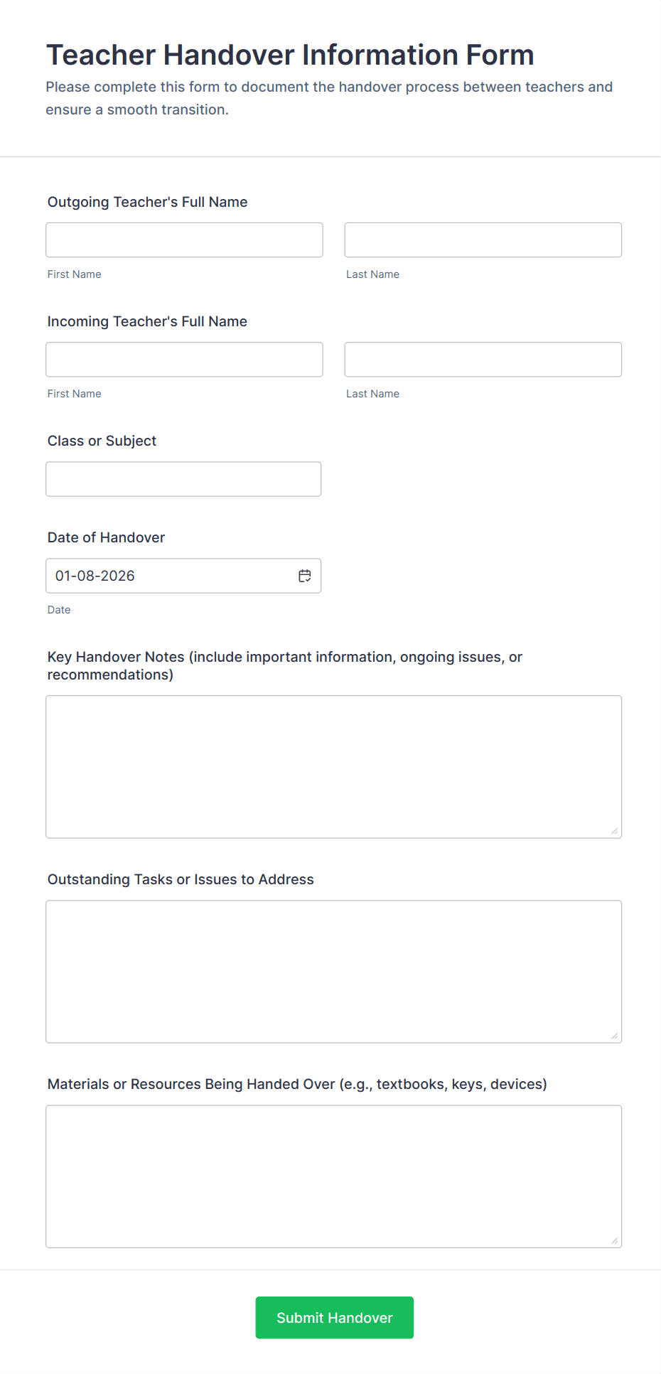 Teacher Handover Information Form Template | Jotform