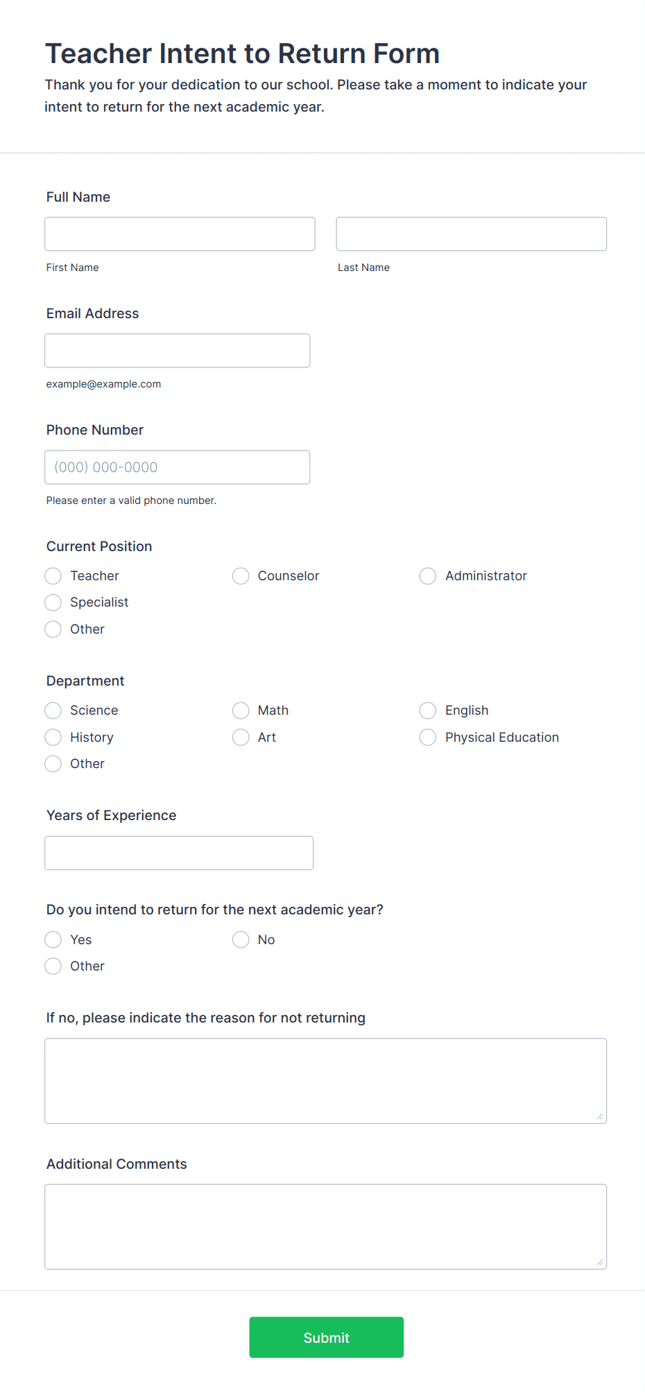 Teacher Intent to Return Form Template | Jotform