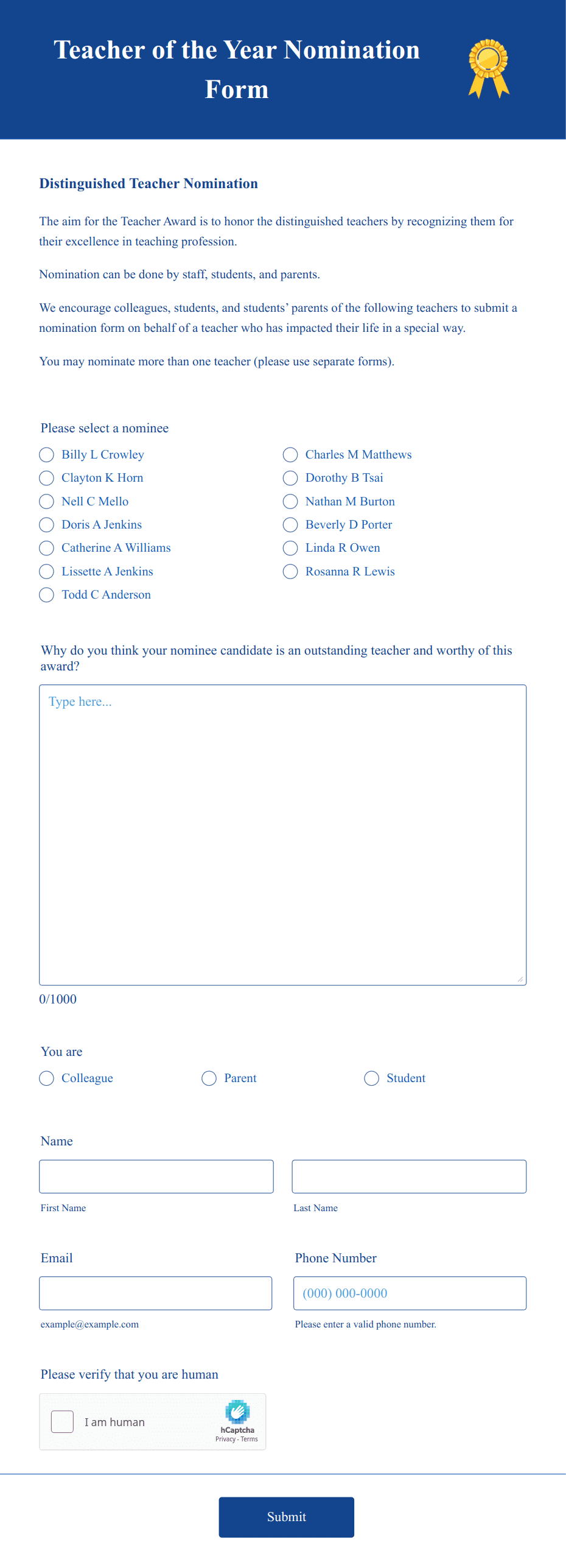 Teacher of the Year Nomination Form Template | Jotform