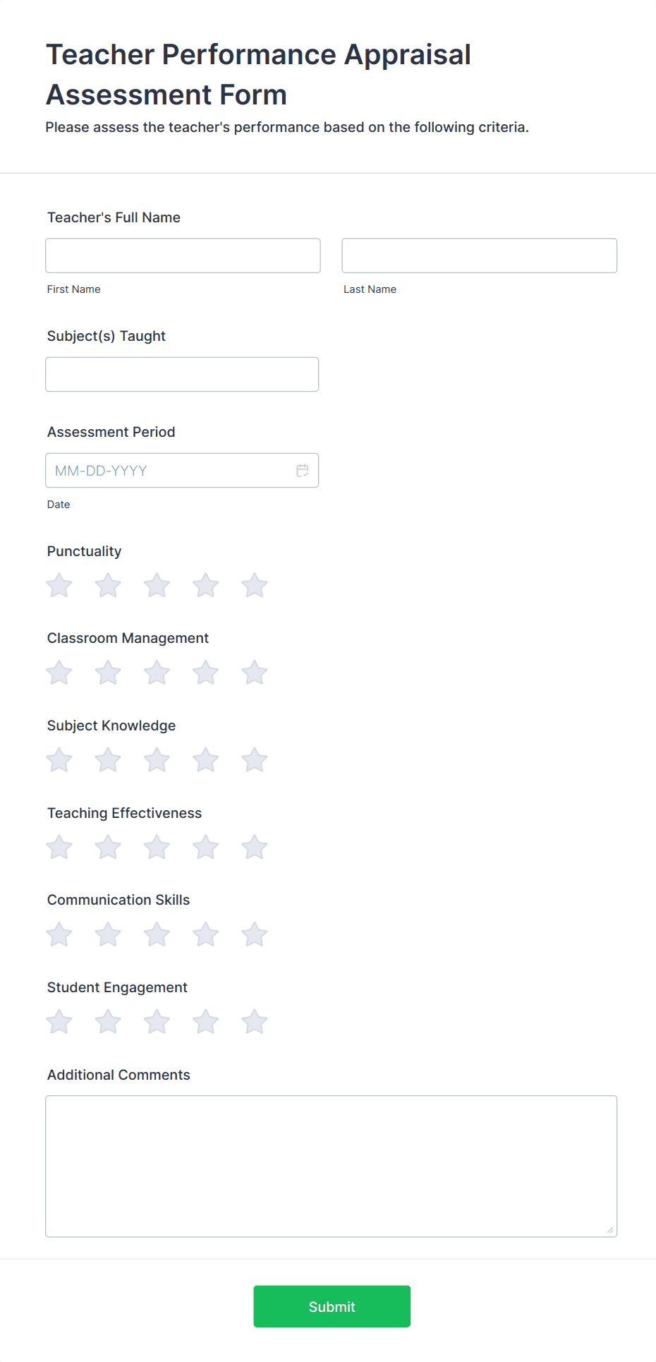 Teacher Performance Appraisal Assessment Form Template | Jotform