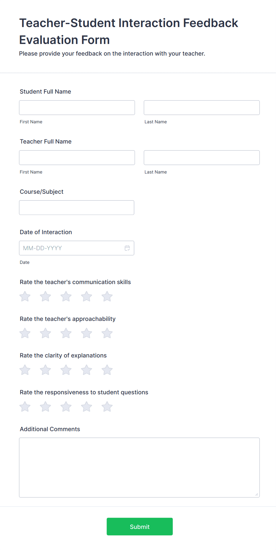 Teacher-Student Interaction Feedback Evaluation Form Template | Jotform