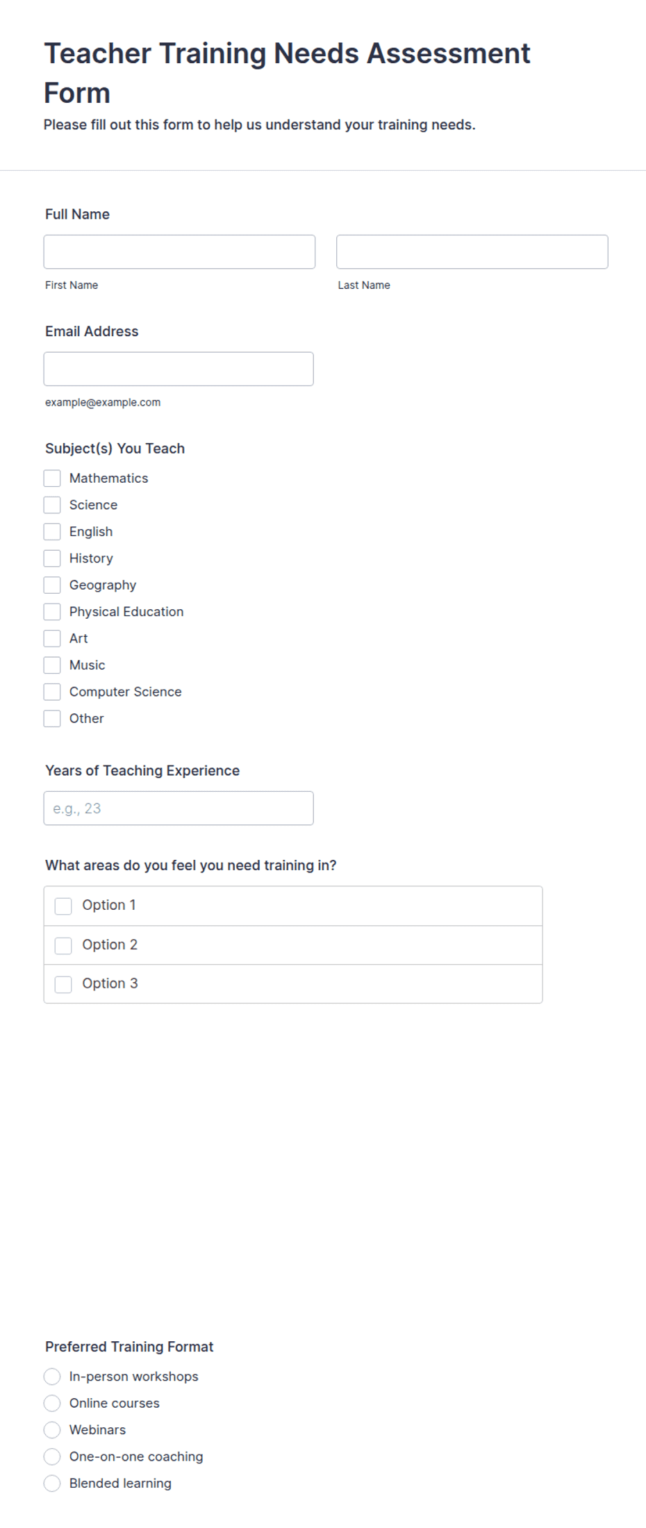 Teacher Training Needs Assessment Form Template | Jotform