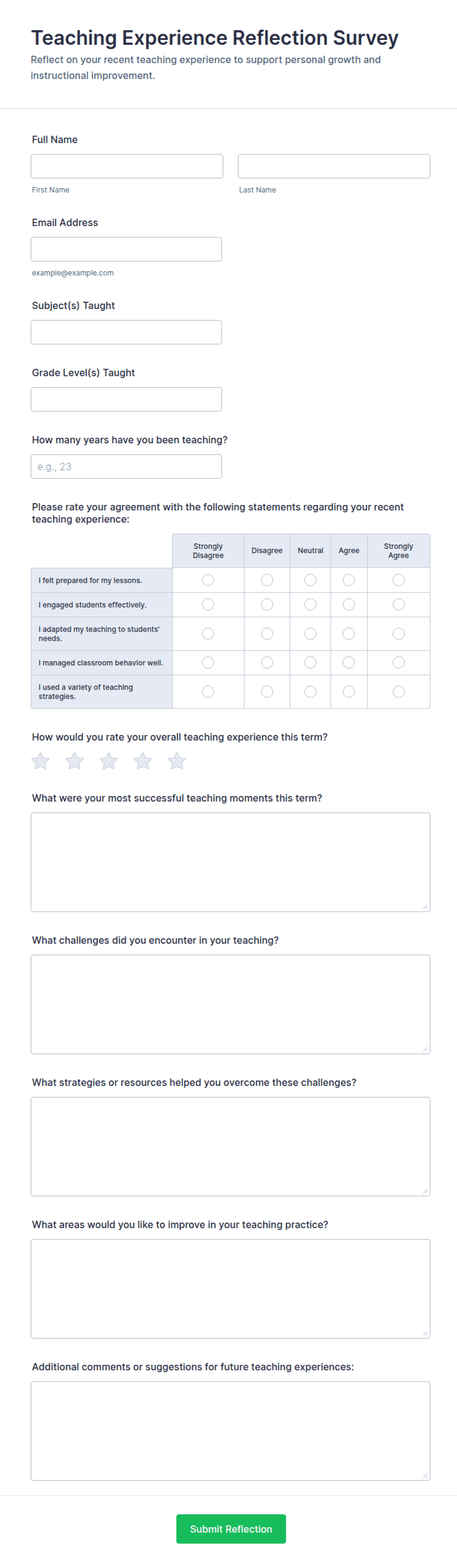 Teaching Experience Reflection Survey Form Template | Jotform