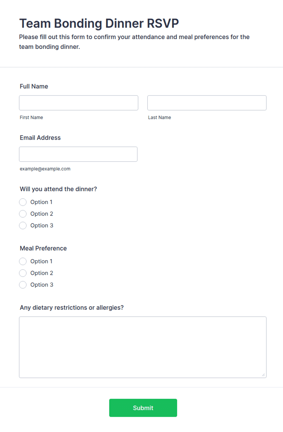 Team Bonding Dinner RSVP Form Template | Jotform