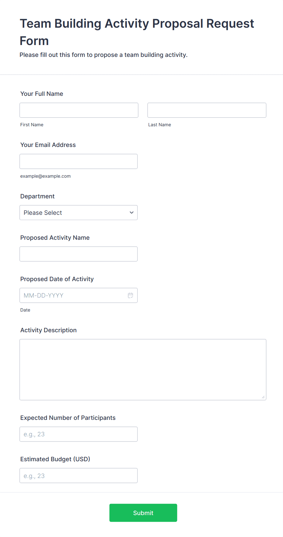 Team Building Activity Proposal Request Form Template | Jotform