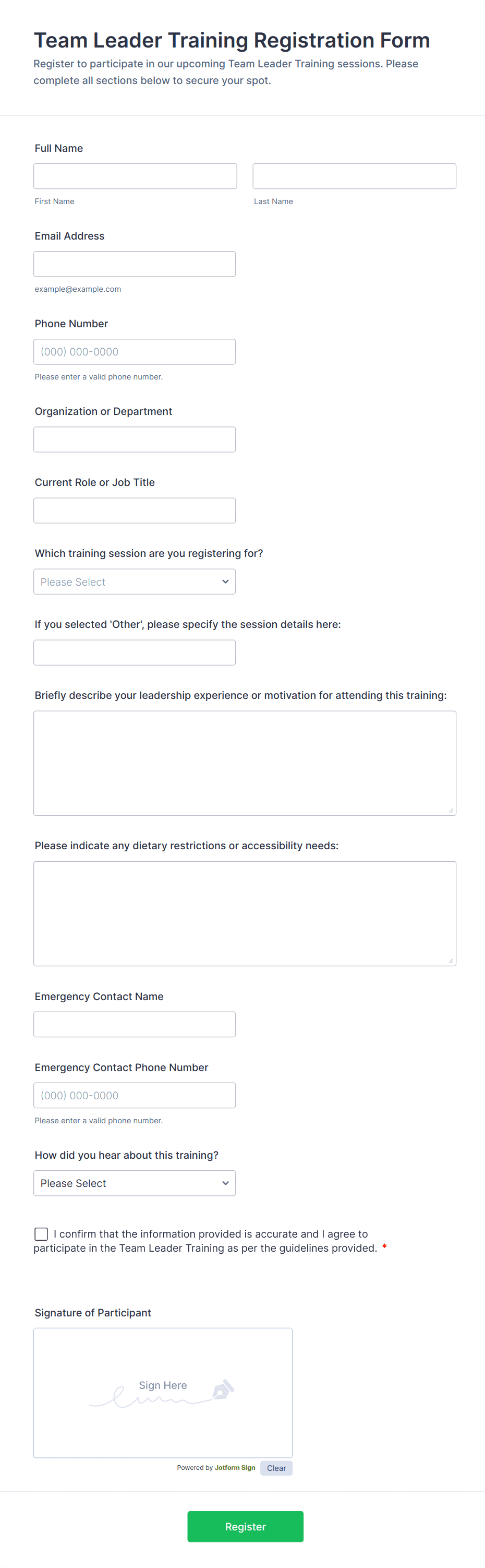 Team Leader Training Registration Form Template | Jotform