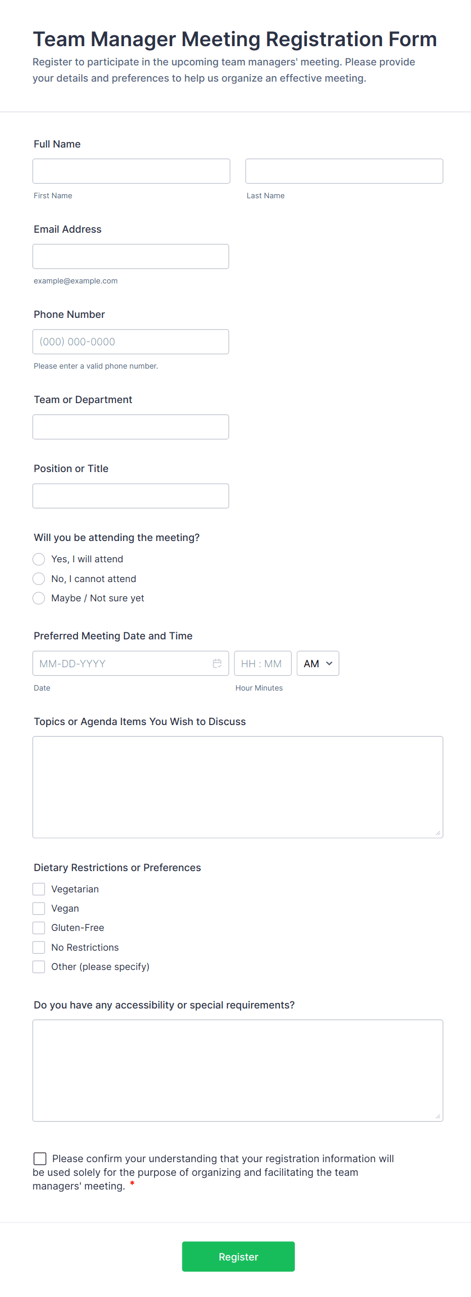 Team Manager Meeting Registration Form Template | Jotform