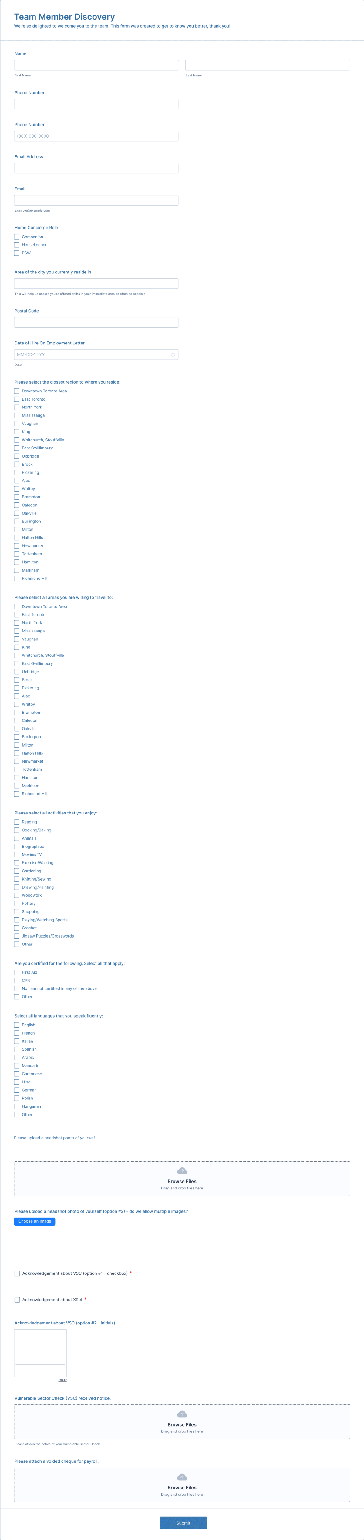 Team Member Discovery Form Template | Jotform